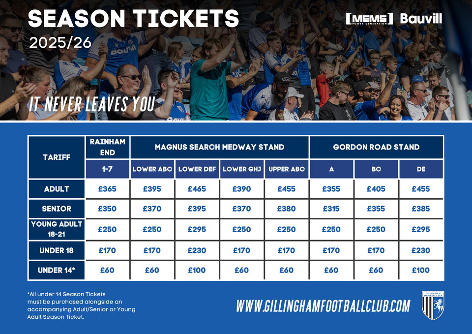 2025/26 season tickets on sale | Gillingham F.C.